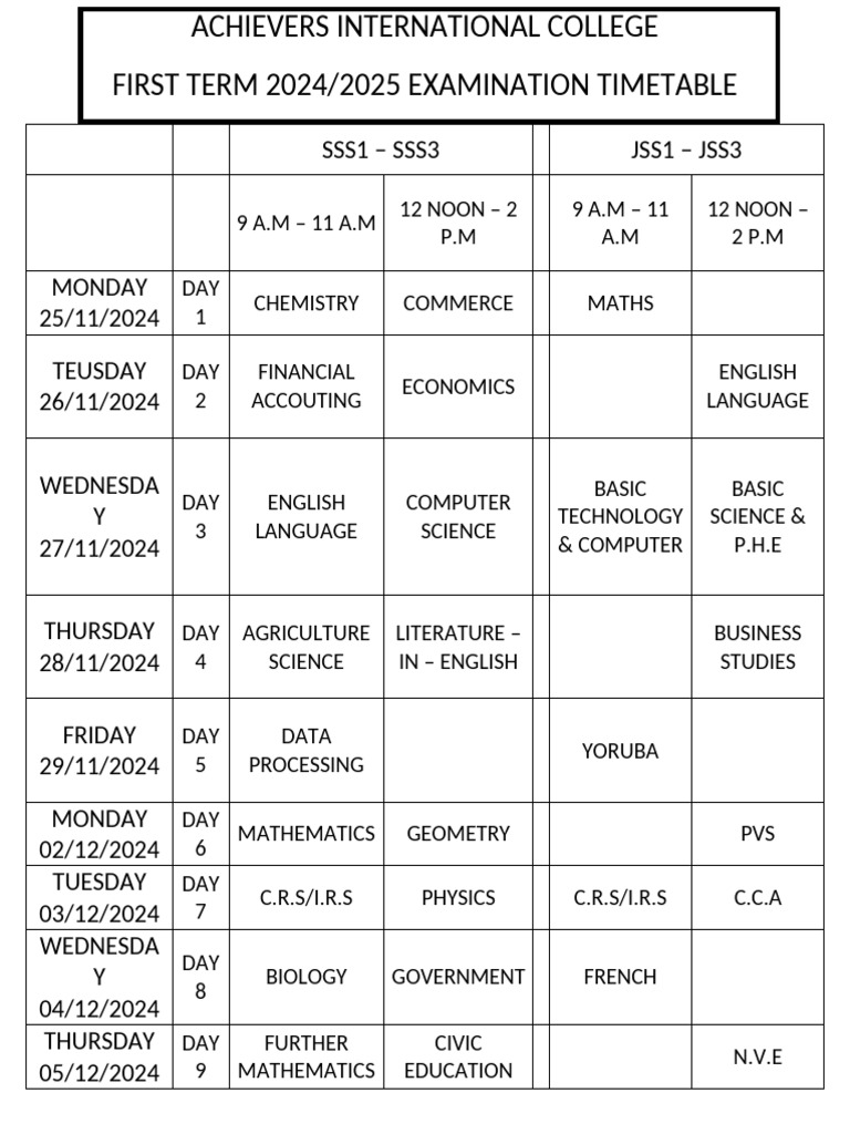 Achievers International College First Term Time Table | PDF
