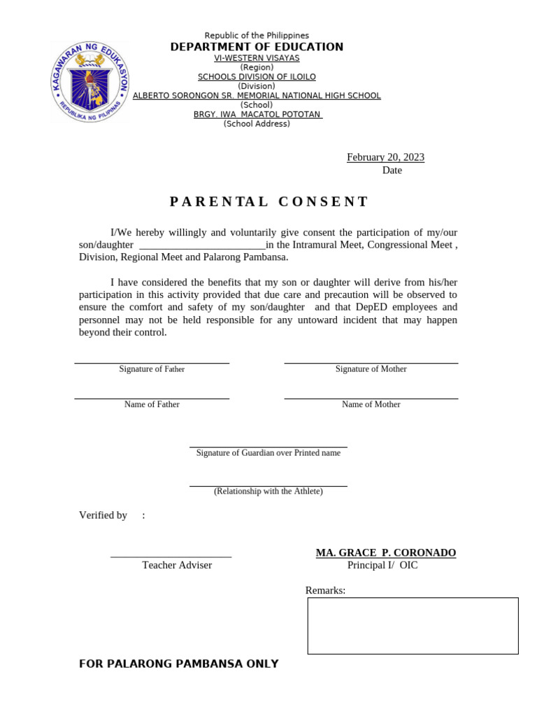 Parental Consent for Student Sports Events | PDF