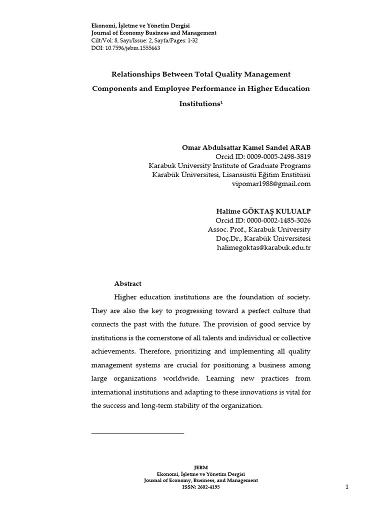 RELATIONSHIPS BETWEEN TOTAL QUALITY MANAGEMENT COMPONENTS AND EMPLOYEE PERFORMANCE IN HIGHER ...