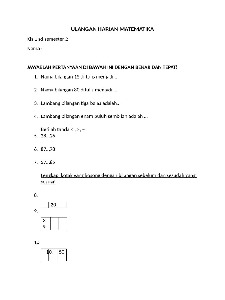 PTS MATH kelas 1 sd | PDF
