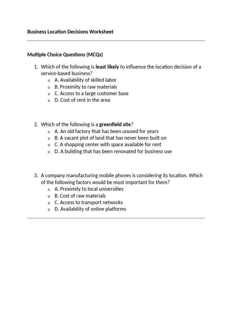 Business Location Decisions Worksheet 2 | PDF