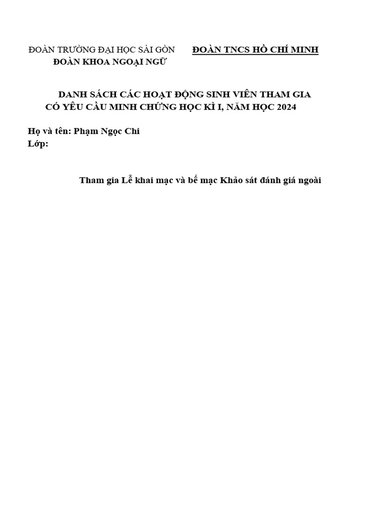 [Mssv]_danh Sách Hoạt Động Yêu Cầu Minh Chứng | PDF