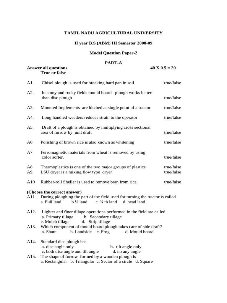 model question paper BS(ABM) QP-2 | PDF | Plough | Tillage