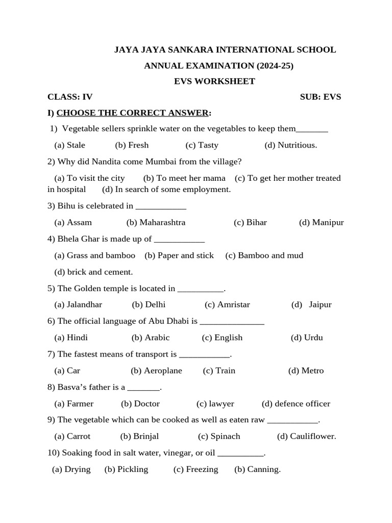 IV EVS WORKSHEET | PDF | Cuisine | Foods
