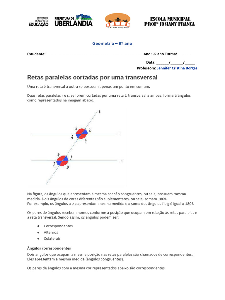 Conteúdo 9 Ano (Retas Paralelas Cortadas Por Uma Transversal) | PDF
