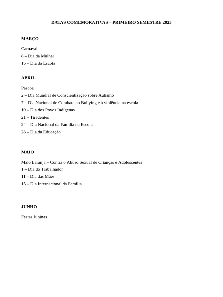 Datas Comemorativas Escolares 2025 Pdf