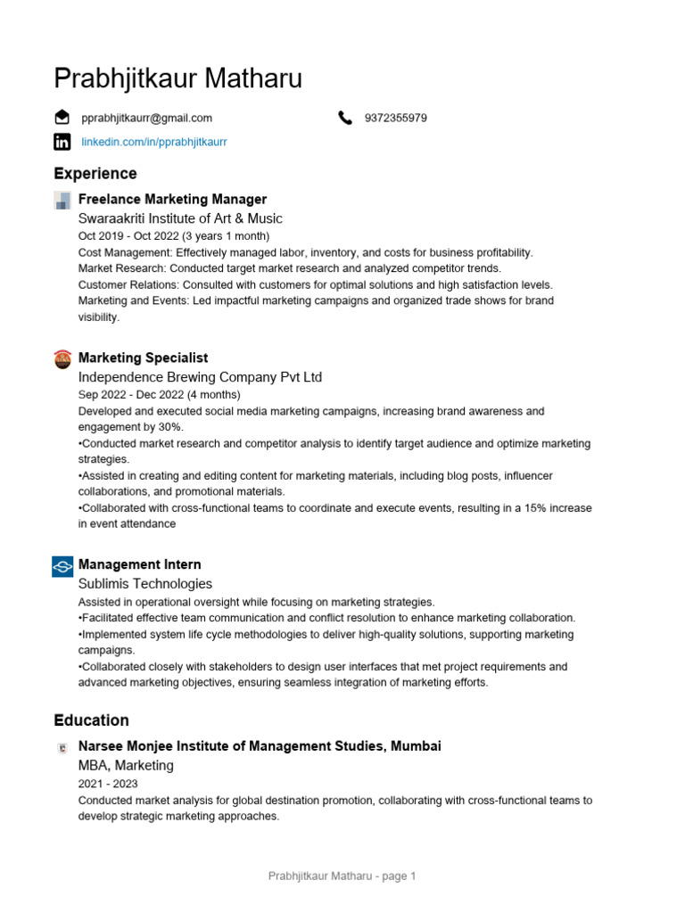 Prabhjitkaur Matharu Resume 010 | PDF | Marketing | Marketing Strategy