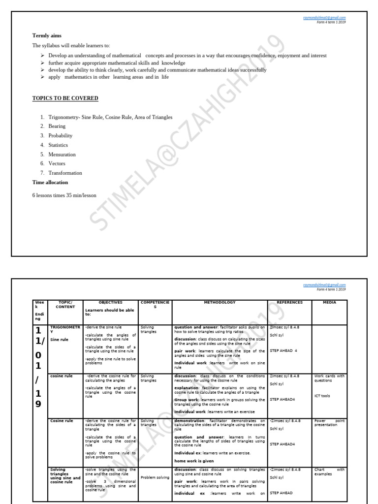 Form 4 Term 1 Math Syllabus 2019 | PDF | Euclidean Vector | Trigonometry