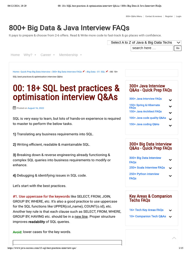 18+ SQL Best Practices & Optimisation Interview Q&As - 800+ Big Data & Java Interview FAQs | PDF ...