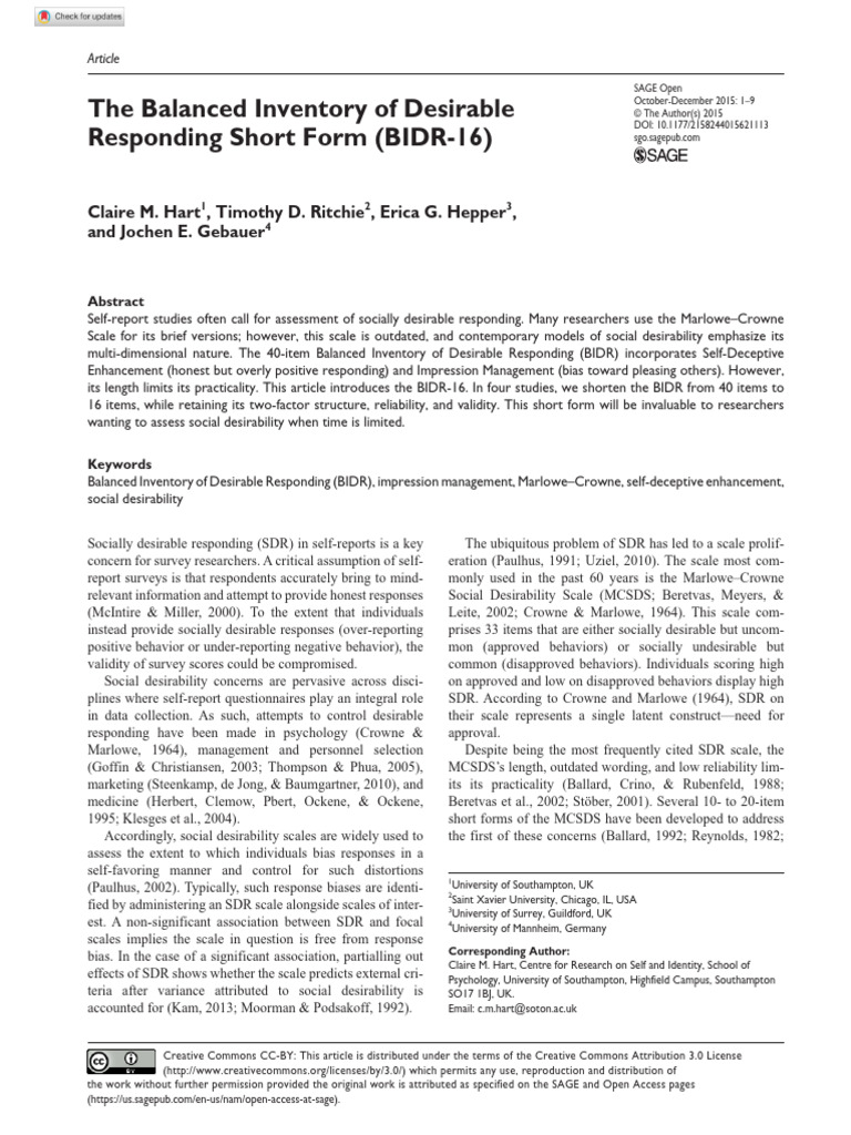 Hart Et Al 2015 The Balanced Inventory of Desirable Responding Short ...