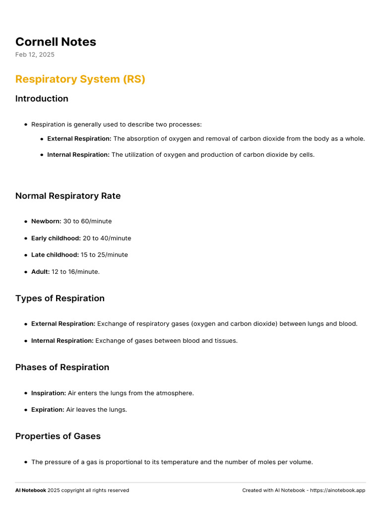 Respiration - Phoenix - Cornell Notes | PDF | Lung | Respiratory System