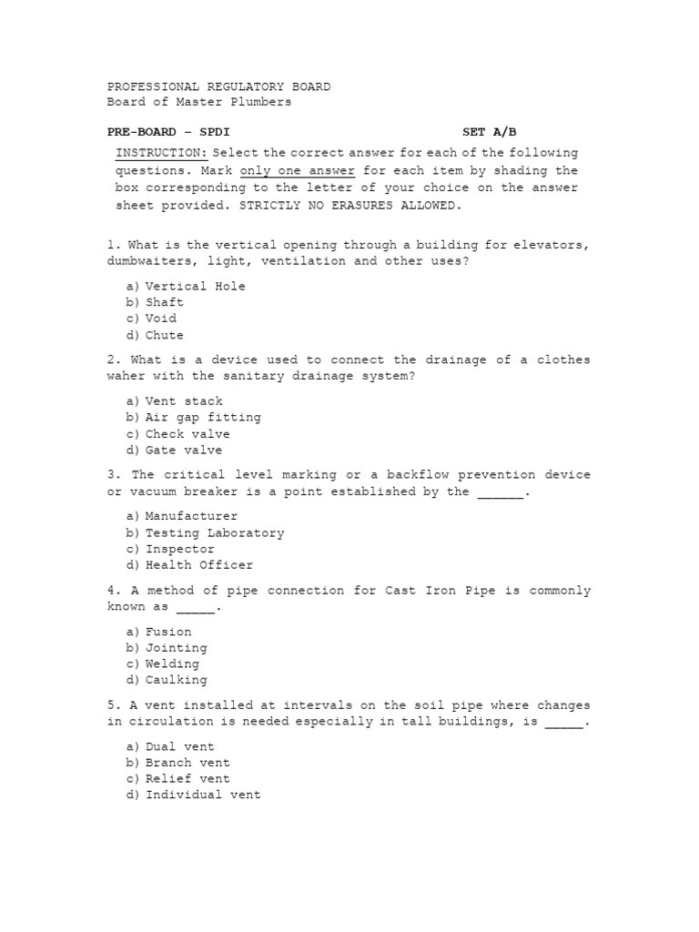 SPDI Pre-Board Plumbing Practice Test | PDF | Pipe (Fluid Conveyance ...