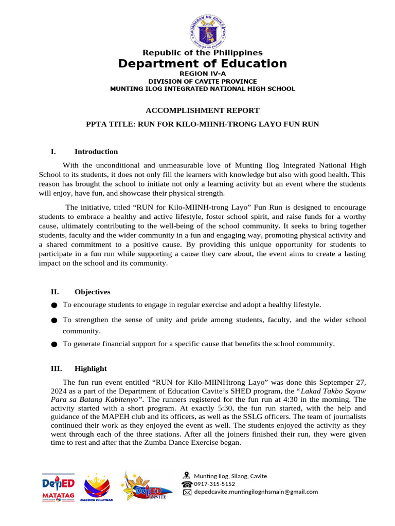 Kilo-MIINH Fun Run Accomplishment Report | PDF | Learning