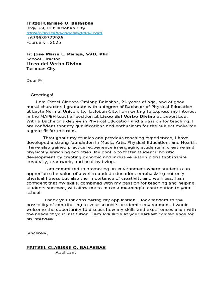 Application Letter - BALASBAS | PDF