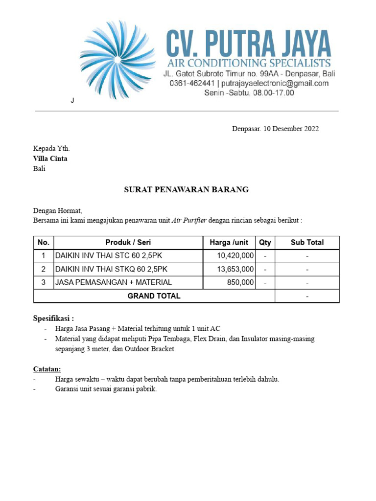 Surat Penawaran AC - CV. Putra Jaya | PDF