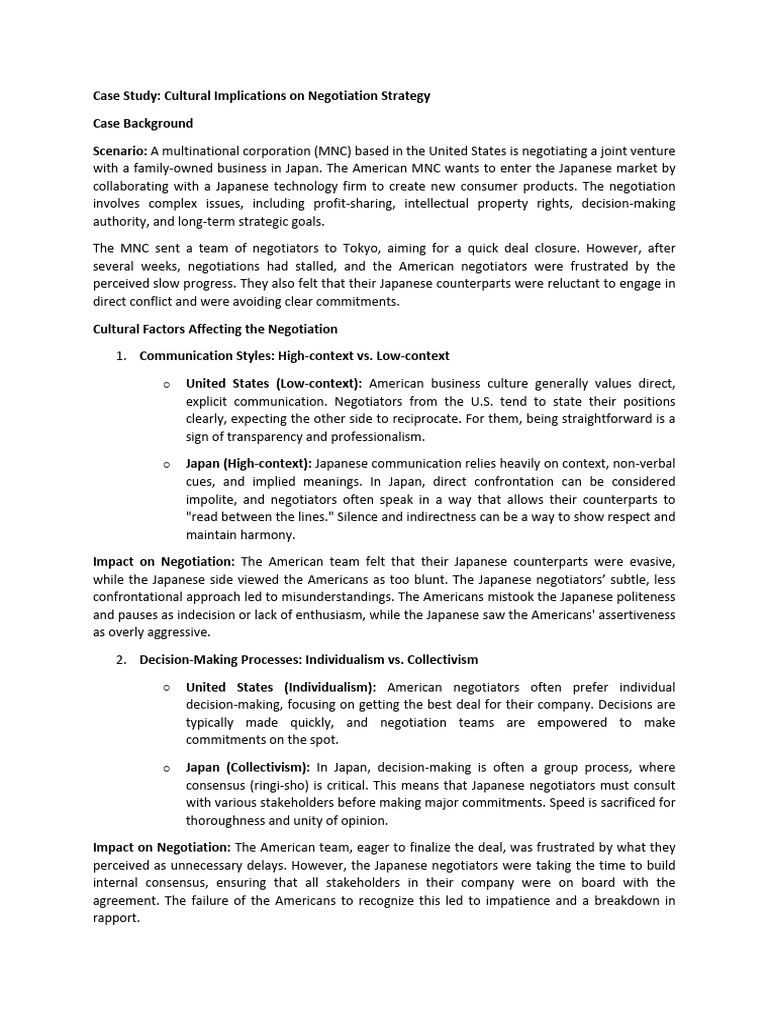 Case Study - Cultural Implications | PDF | Negotiation | Risk