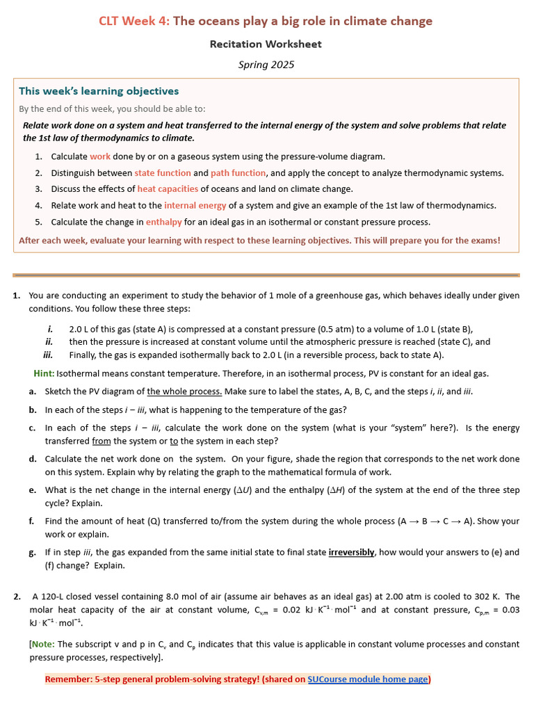 CLT4 Recitation Worksheet (Spring 2025) SUCourse | PDF | Gases | Heat