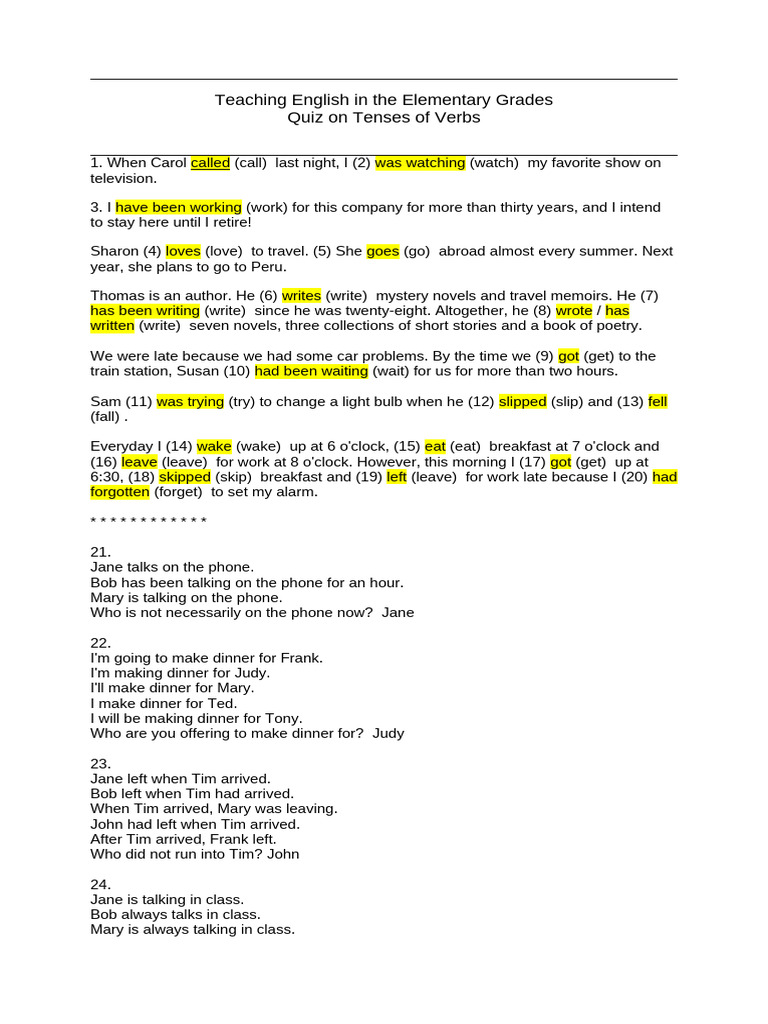 Quiz on English Verb Tenses | PDF | Languages | Foreign Language Studies