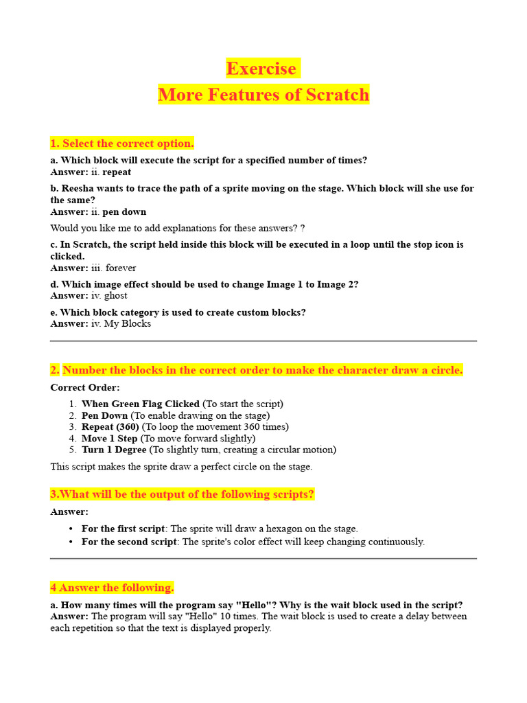 Exercise More Features of Scratch | PDF | Scratch (Programming Language) | Computing