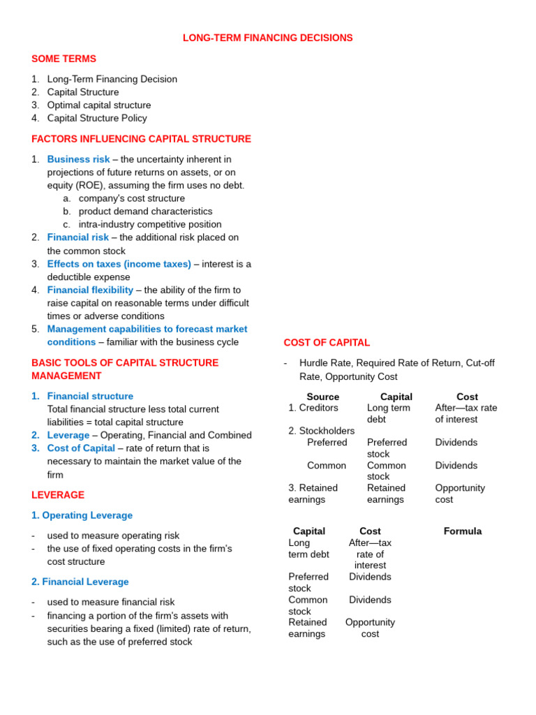 Long-Term Financing Decisions Explained | PDF | Capital Structure ...