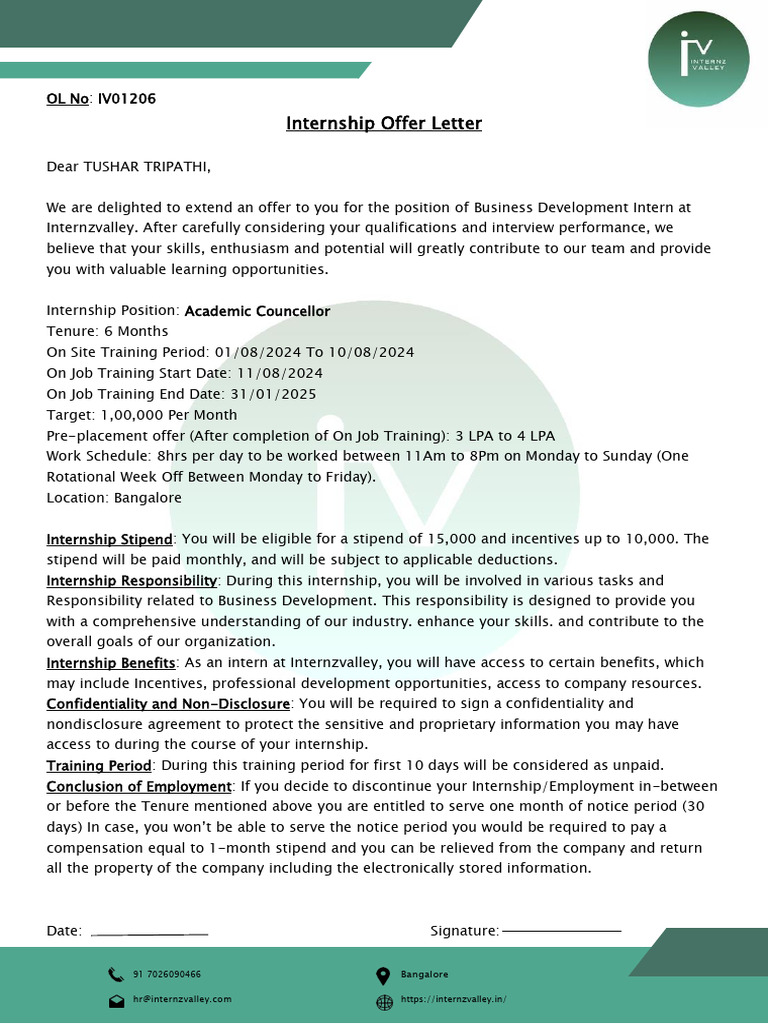 Offer Letter_TUSHAR TRIPATHI | PDF | Internship | Job Hunting