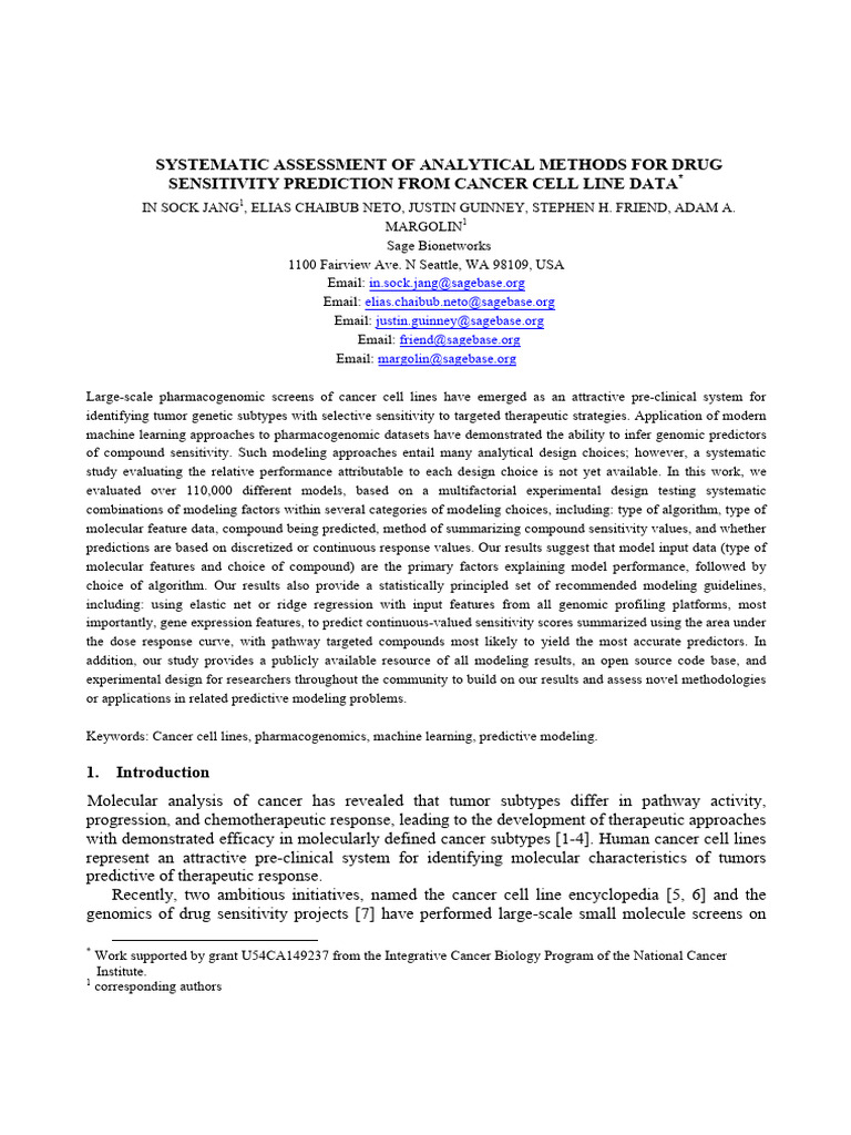 SYSTEMATIC ASSESSMENT OF ANALYTICAL METHODS FOR DRUG SENSITIVITY ...