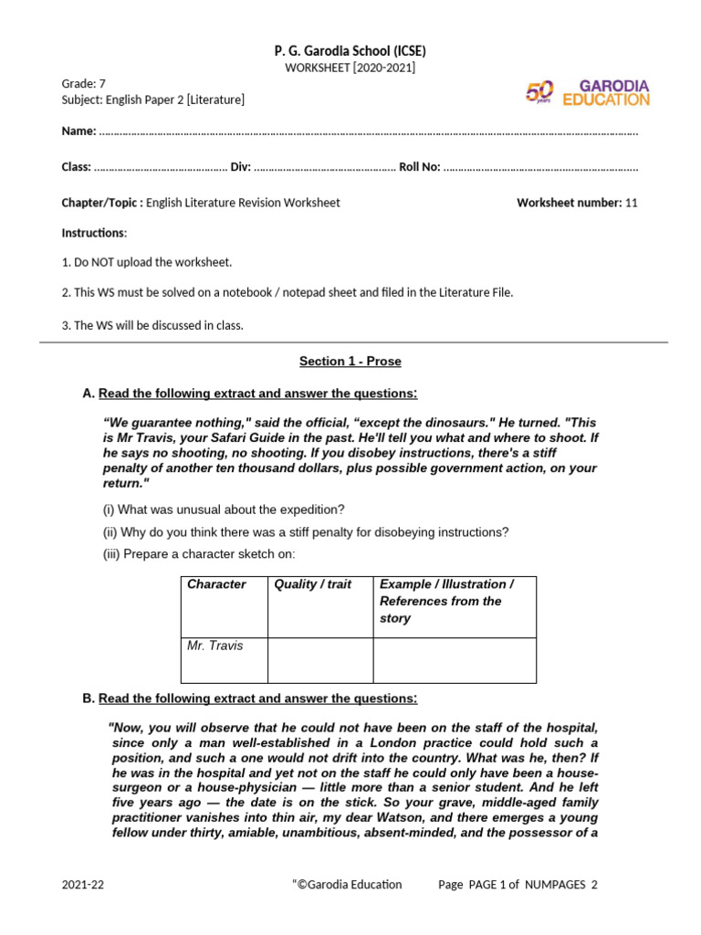 Grade 7 English Literature Worksheet | PDF