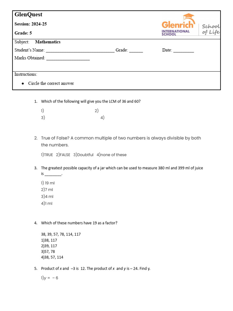 Grade 5 Mathematics Practice Questions | PDF | Euclidean Plane Geometry ...