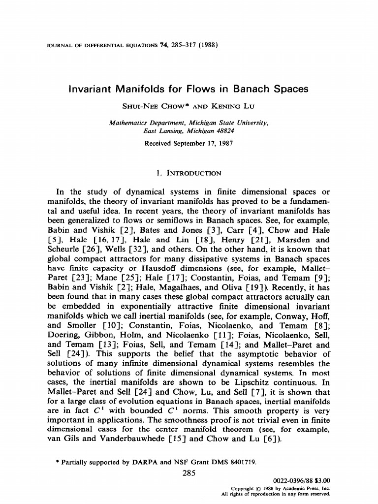 1988 - Chow and Lu (Invariant Manifolds For Flows) | PDF | Dynamical System | Manifold