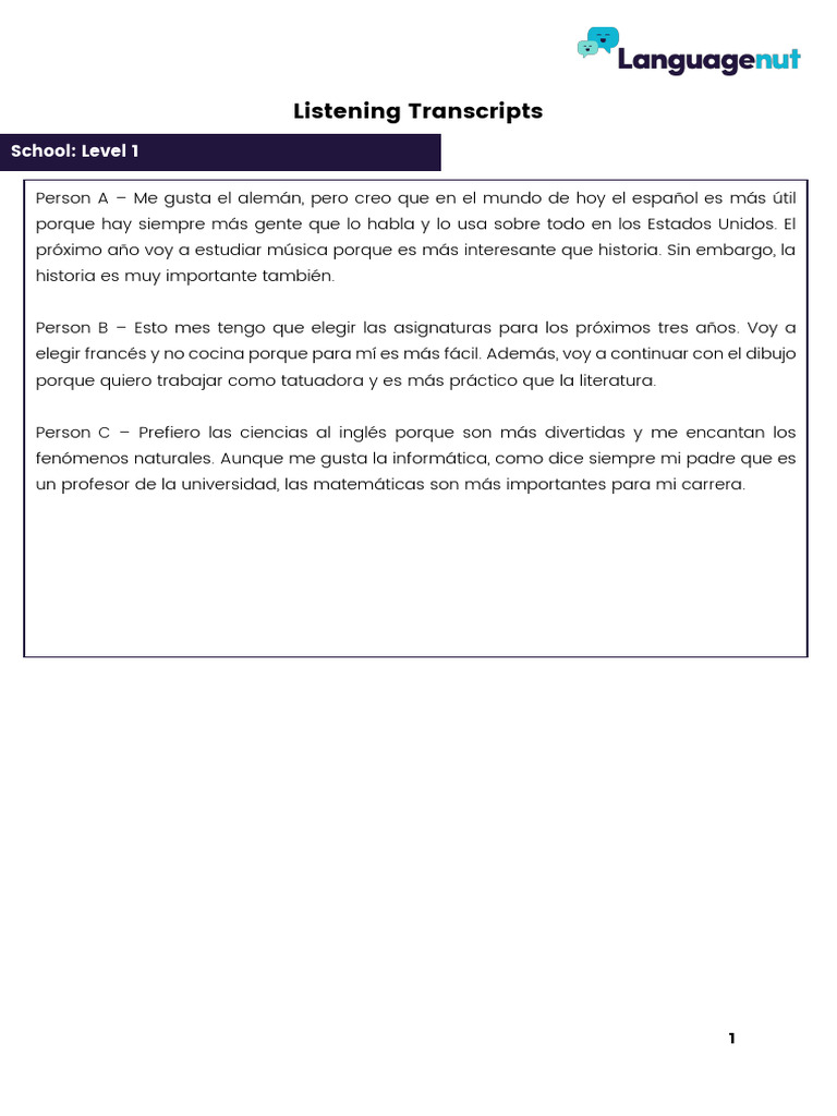 Listening Transcripts: School: Level 1 | PDF