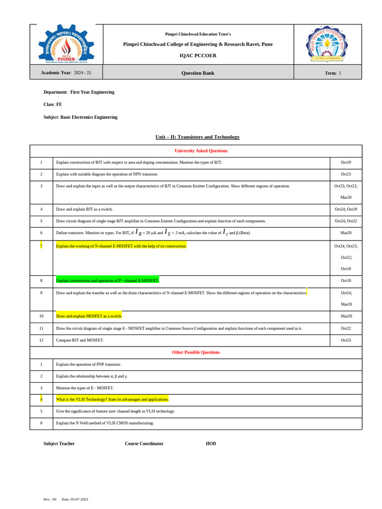 BXE - Question Bank - Unit - II - Transistors and Technology - 2024-25 - Sem-I | PDF | Bipolar ...