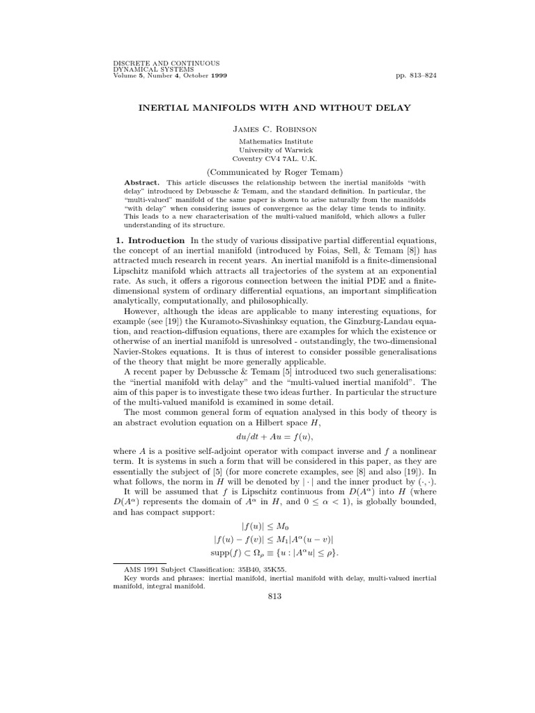 1999 DCDS - Robinson, James - Inertial Manifolds With and Without Delay | PDF | Manifold ...