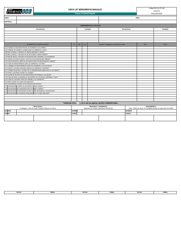 PHO-SG-FR-104 Check List Herramientas Manuales (Ver.01) | PDF ...
