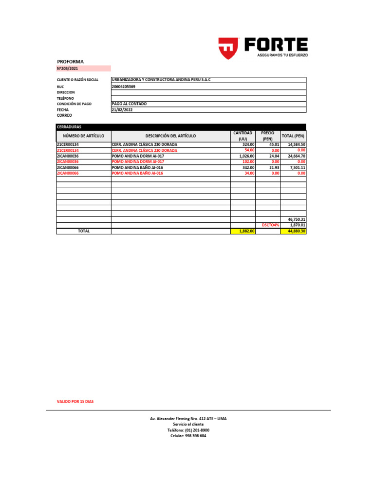 Cotizacion Urbanizadora y Constructora Andina Peru S.a2 - Cerraduras | PDF