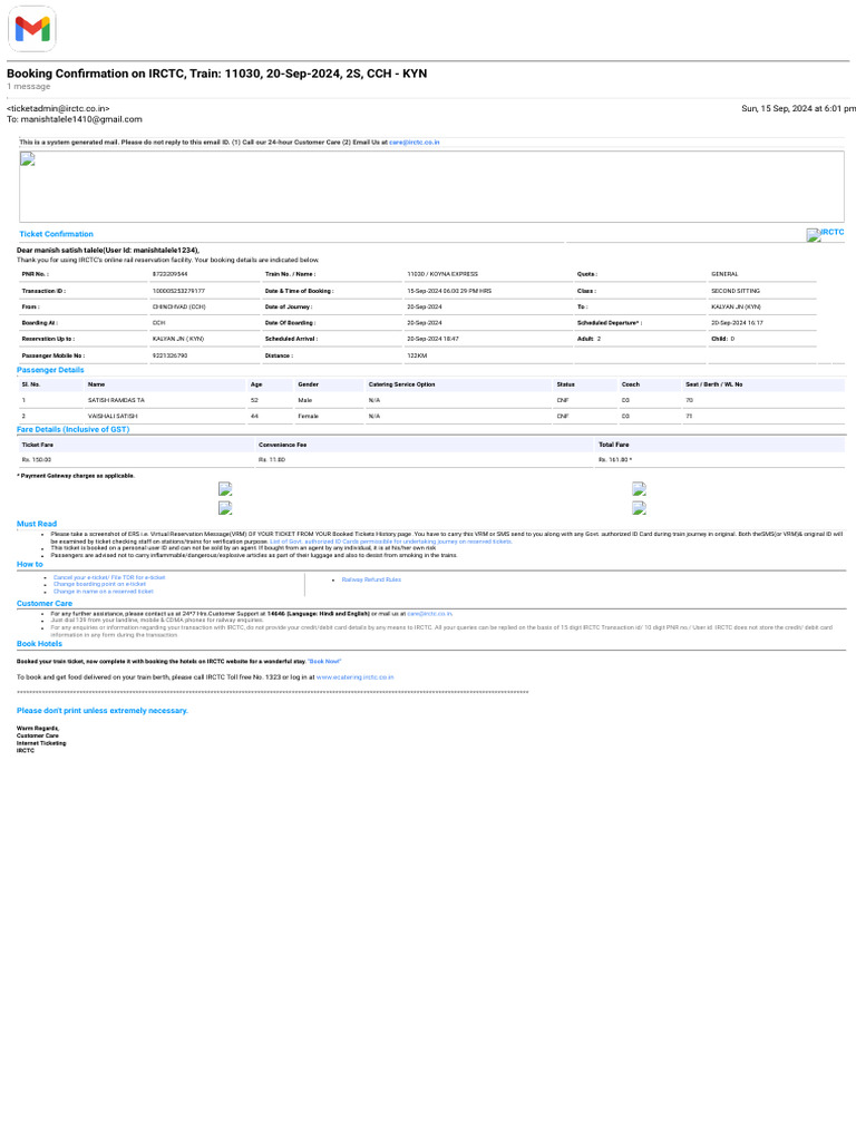 IRCTC Train Booking Confirmation 2S | PDF | Service Industries