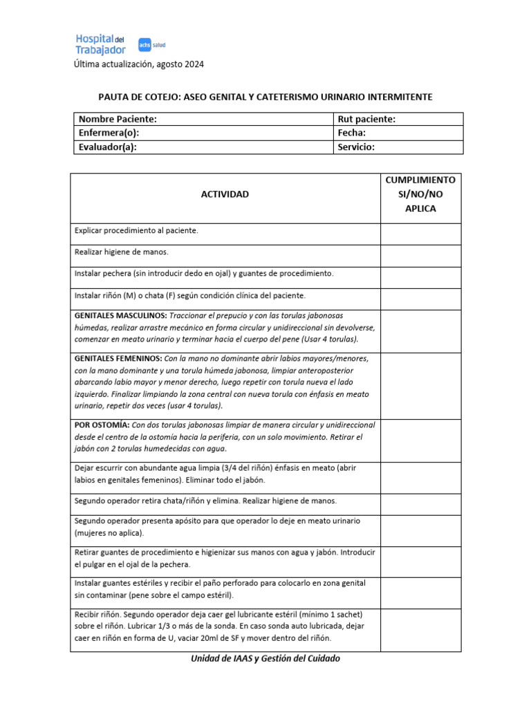 Pauta de Cotejo Aseo Genital y CUI | PDF | Lavado de manos | Higiene