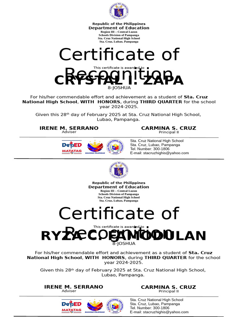 Certificate of Recognition for Honors Students | PDF