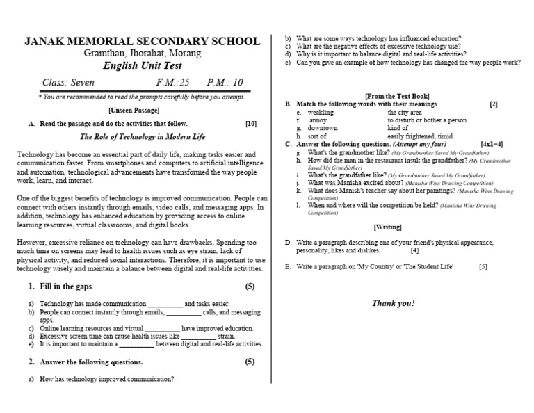 Class 7 Final Unit Test 2081 Pdf Communication Human Communication 3089