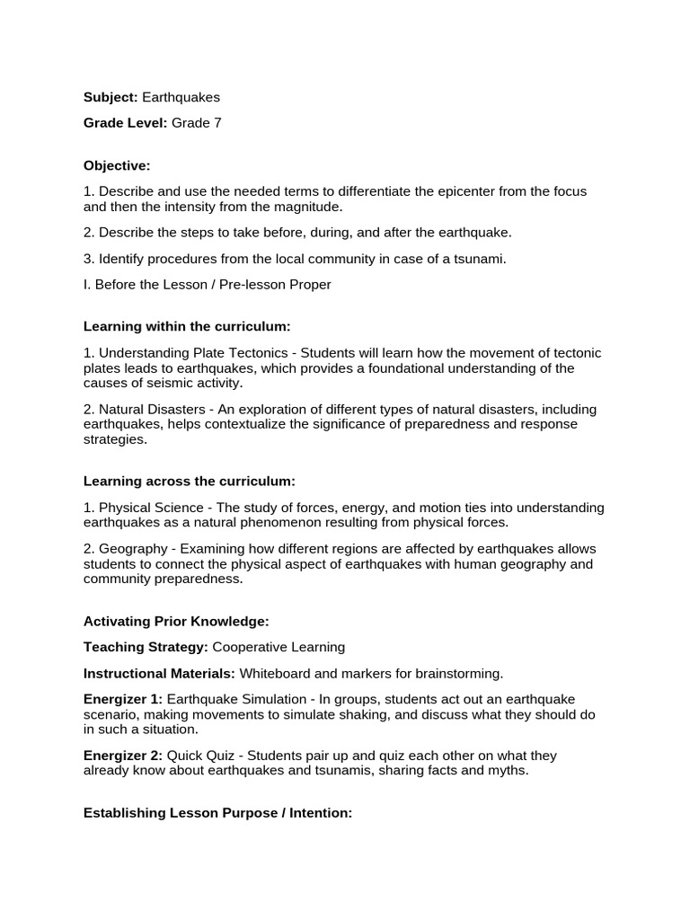 Lesson - Plan (Earthquakes) | PDF | Earthquakes | Emergency Management