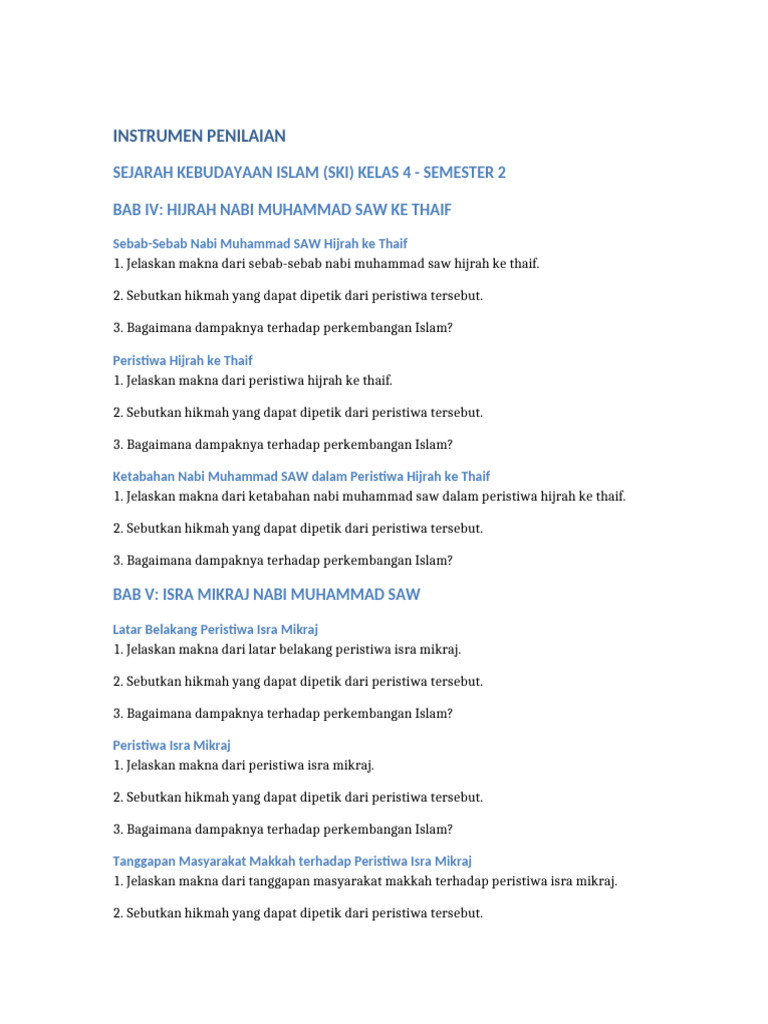 Instrumen Penilaian SKI Kelas 4 Semester 2 | PDF