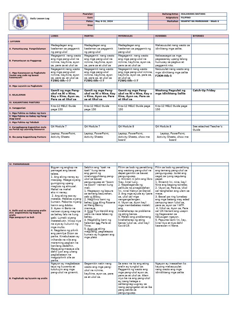 Q4 Week6 DLL Filipino 2 | PDF