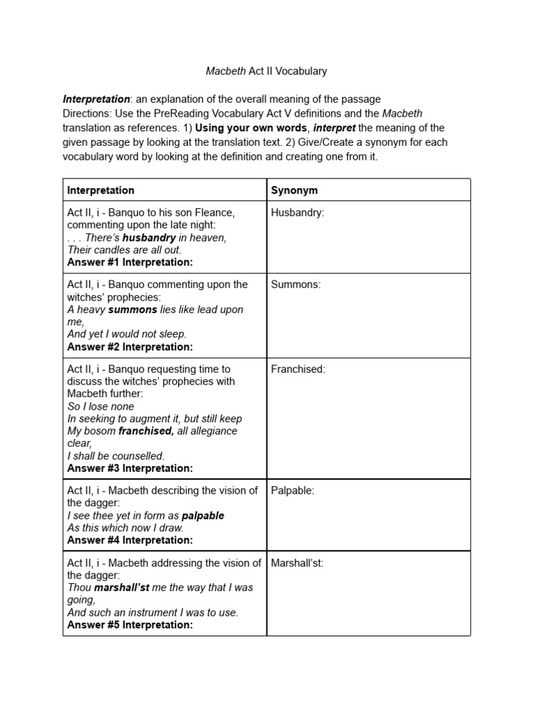 Madison Fisk - Macbeth Act II Vocabulary | PDF | Macbeth ...
