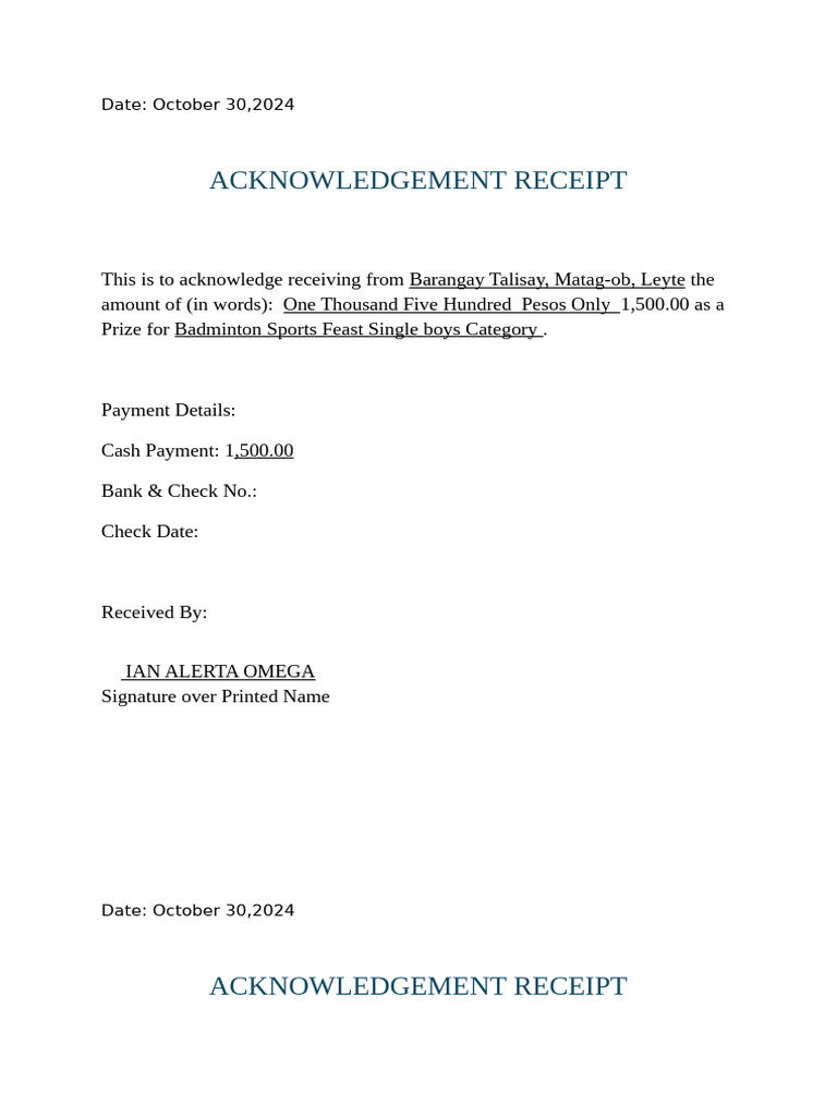 Acknowledgement Receipts for Prizes | PDF