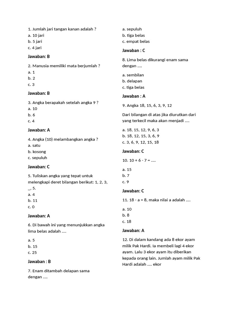 soal mtk sd kls 1 | PDF