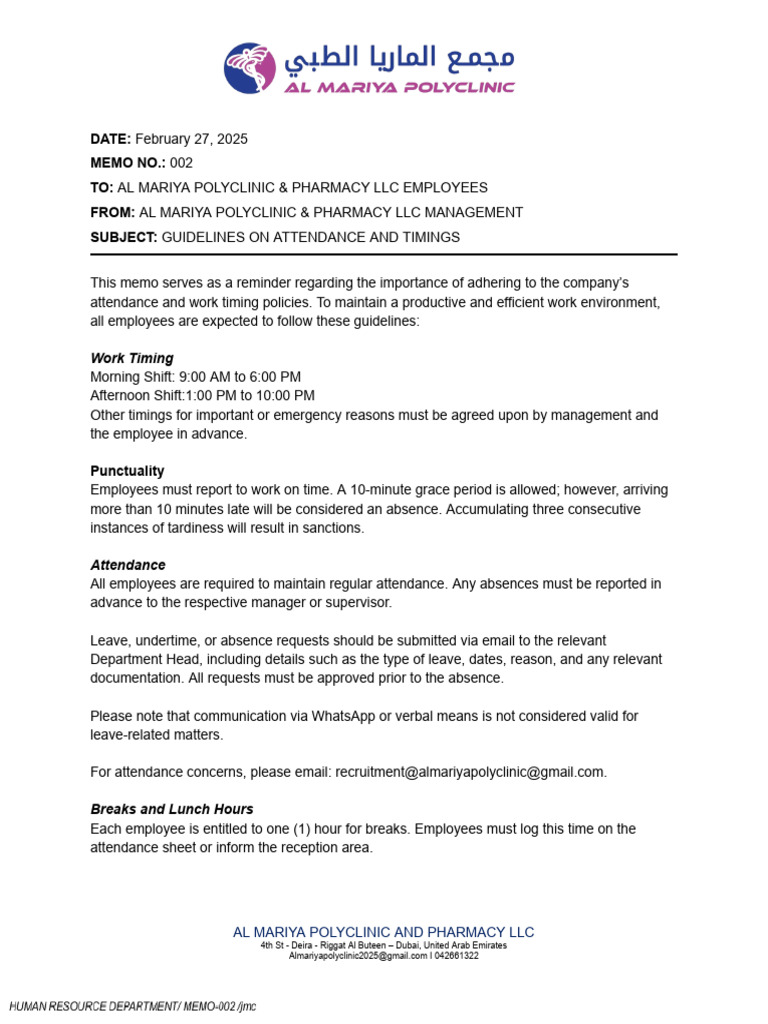 Al Mariya Memo - 002 - Guidelines On Attendance and Timings | PDF | Labor | Business