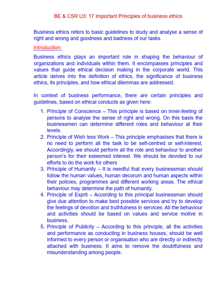 17 Important Principles of Business Ethics 171224 | PDF | Business ...