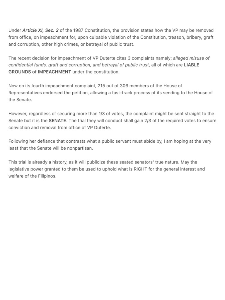 Under Article XI, Sec. 2 of The 1987 Constitution, The Provision States ...