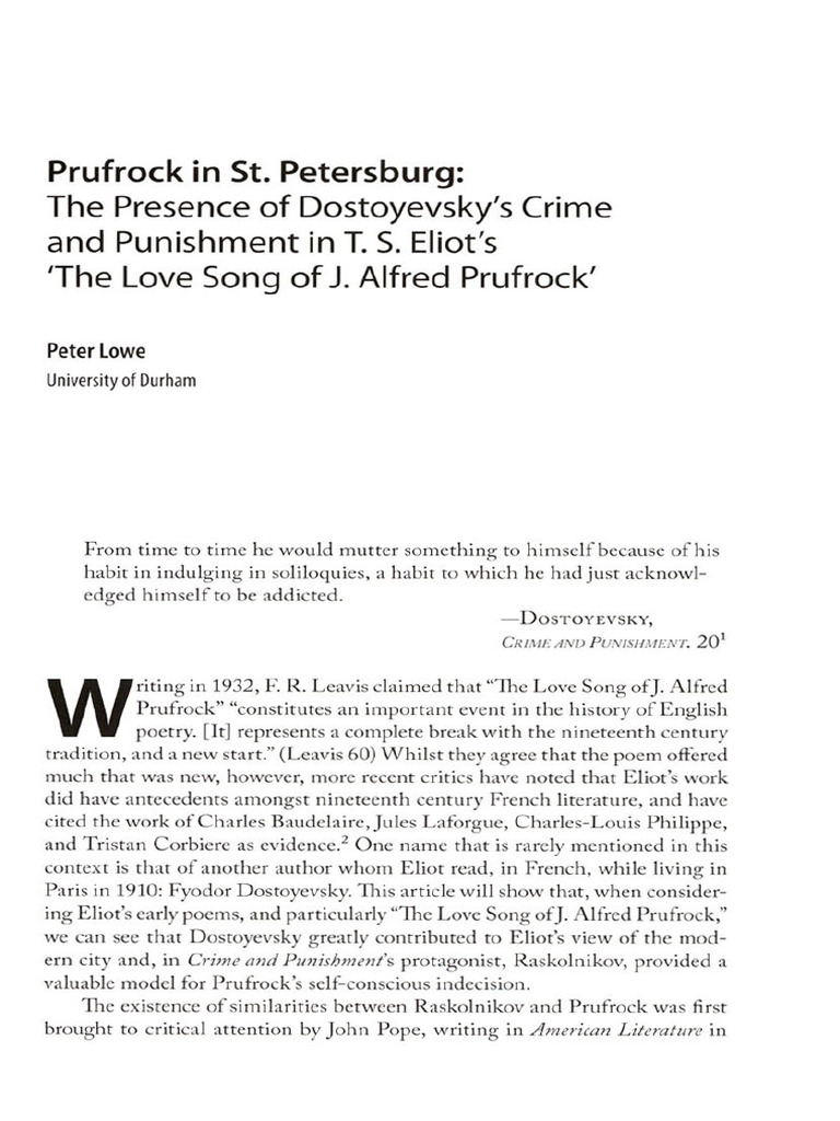 Prufrock in St. Petersburg The Presence of Dostoyevsky's C&P in T. S ...