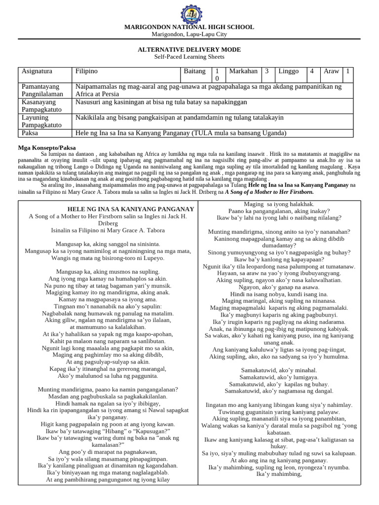 M4.1 Tula Hele NG Ina Sa Kanyang Panganay | PDF