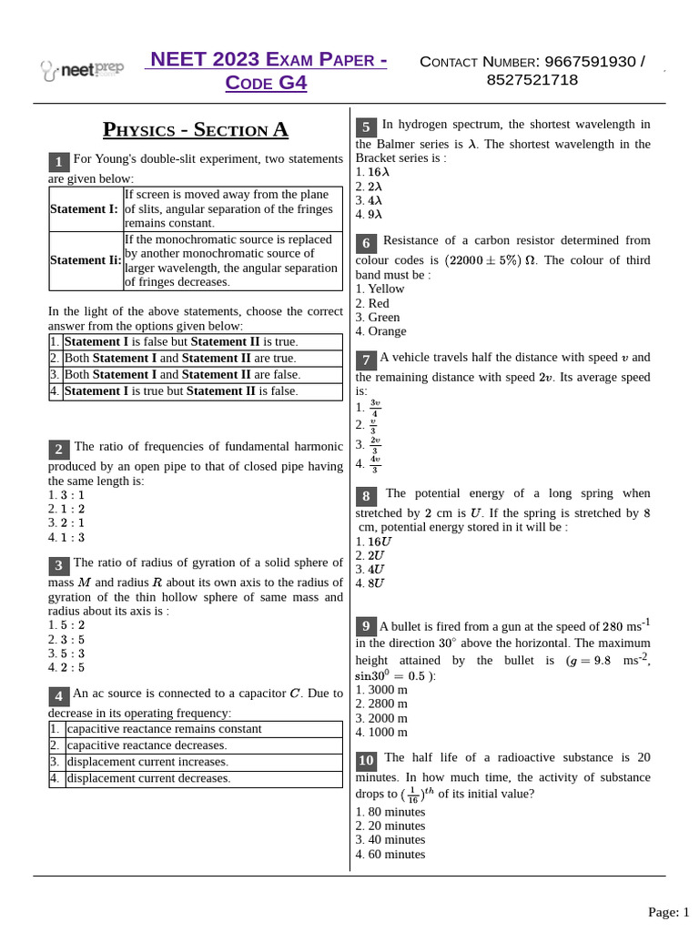 NEET 2023 Exam Paper - Code G4 | PDF | Capacitor | Rectifier